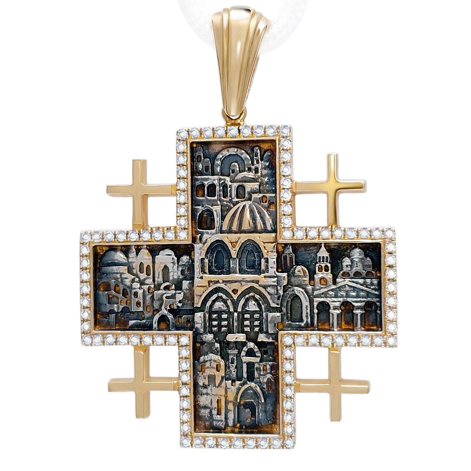 14K Gold Jerusalem Cross Pendant with Black Rhodium plated & Diamonds ...