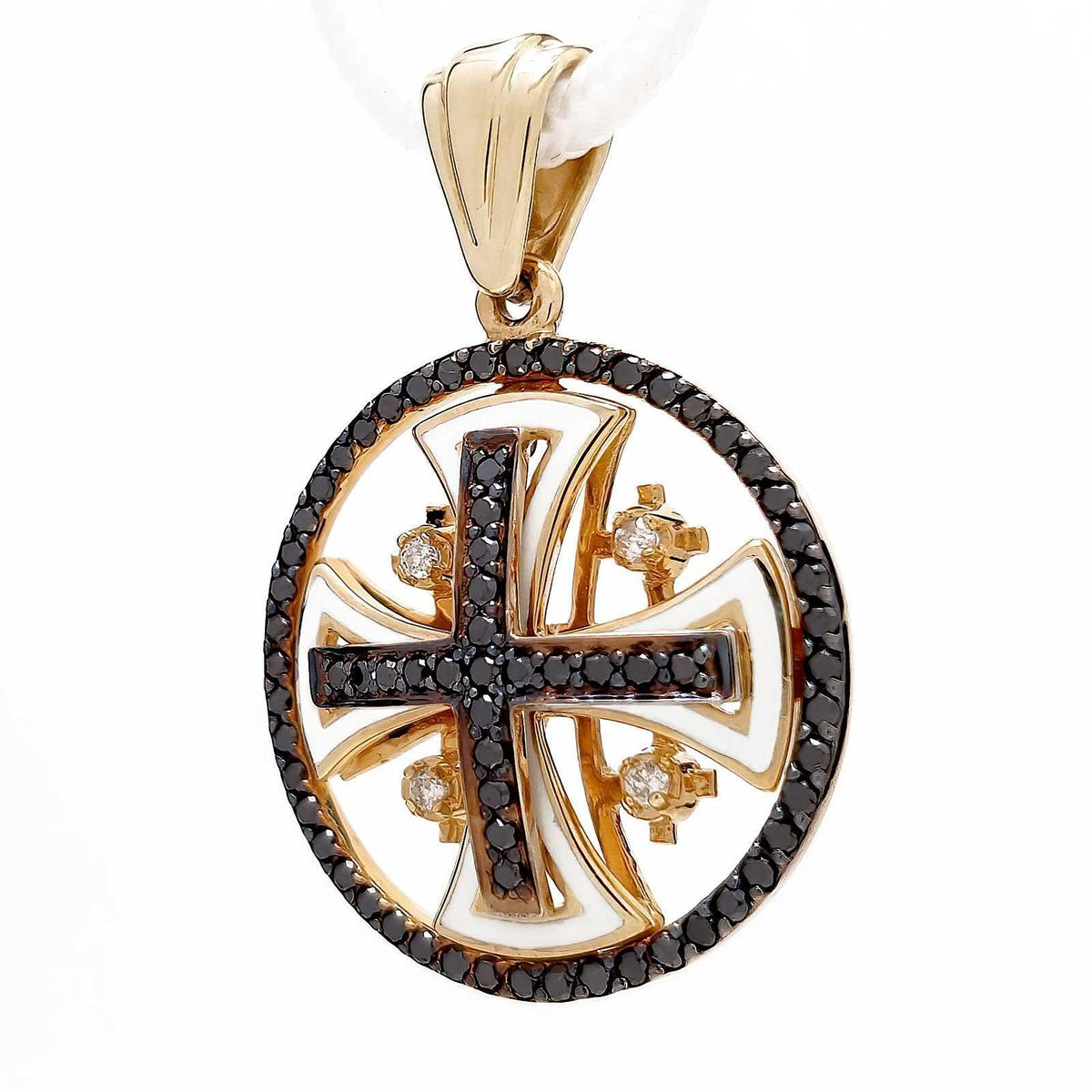 14K Gold Jerusalem Cross Round Pendant With Black Diamonds and White ...