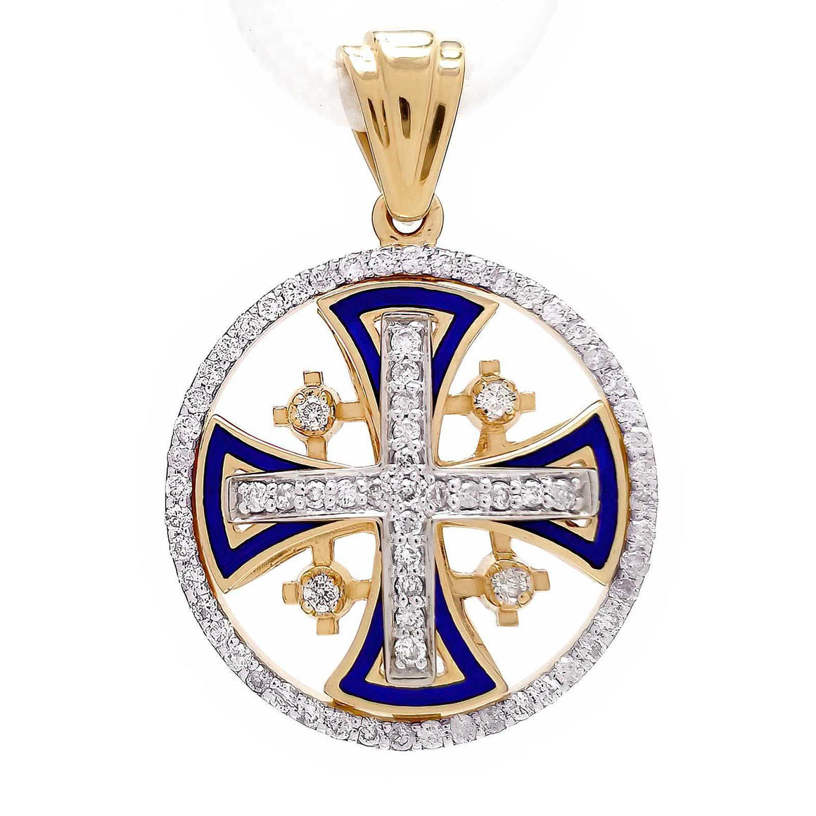 14K Gold Jerusalem Cross Round Pendant With Diamonds and Blue Enamel ...