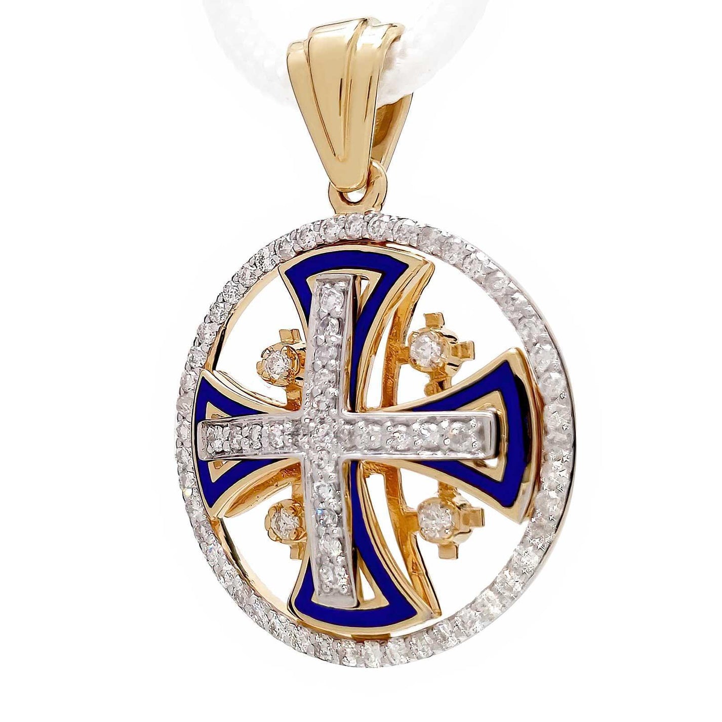 14K Gold Jerusalem Cross Round Pendant With Diamonds and Blue Enamel ...