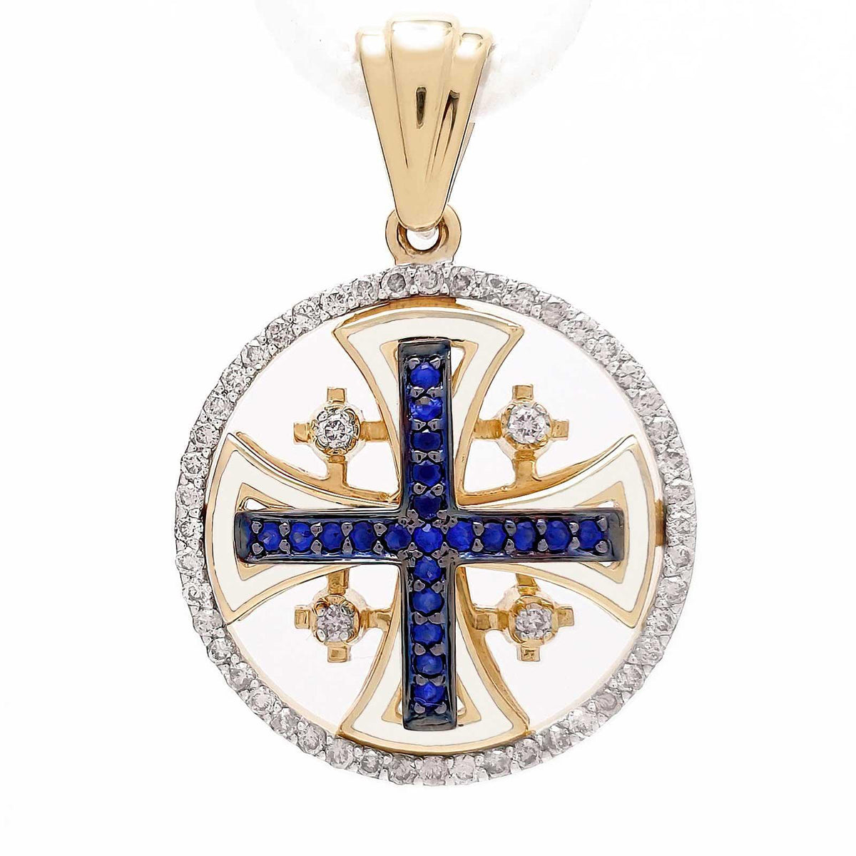 14K Gold Jerusalem Cross Round Pendant with Sapphires and Diamonds ...