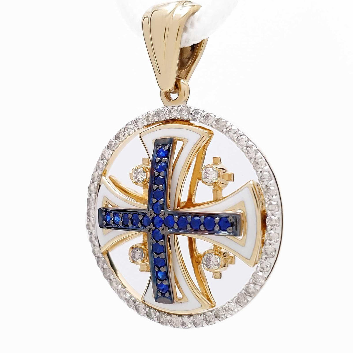 14K Gold Jerusalem Cross Round Pendant with Sapphires and Diamonds ...