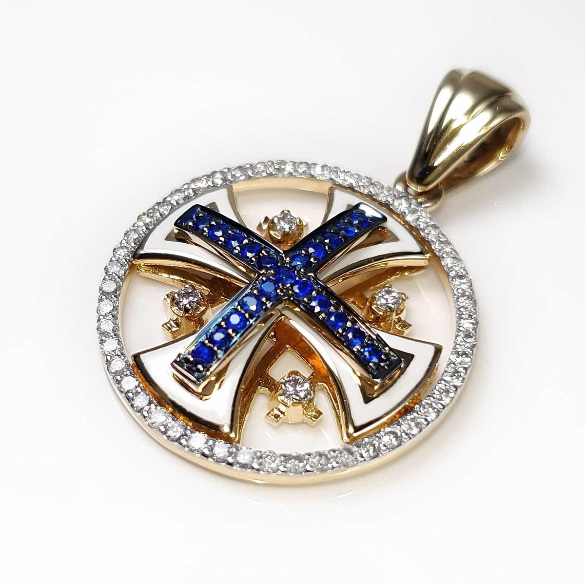 14K Gold Jerusalem Cross Round Pendant with Sapphires and Diamonds ...