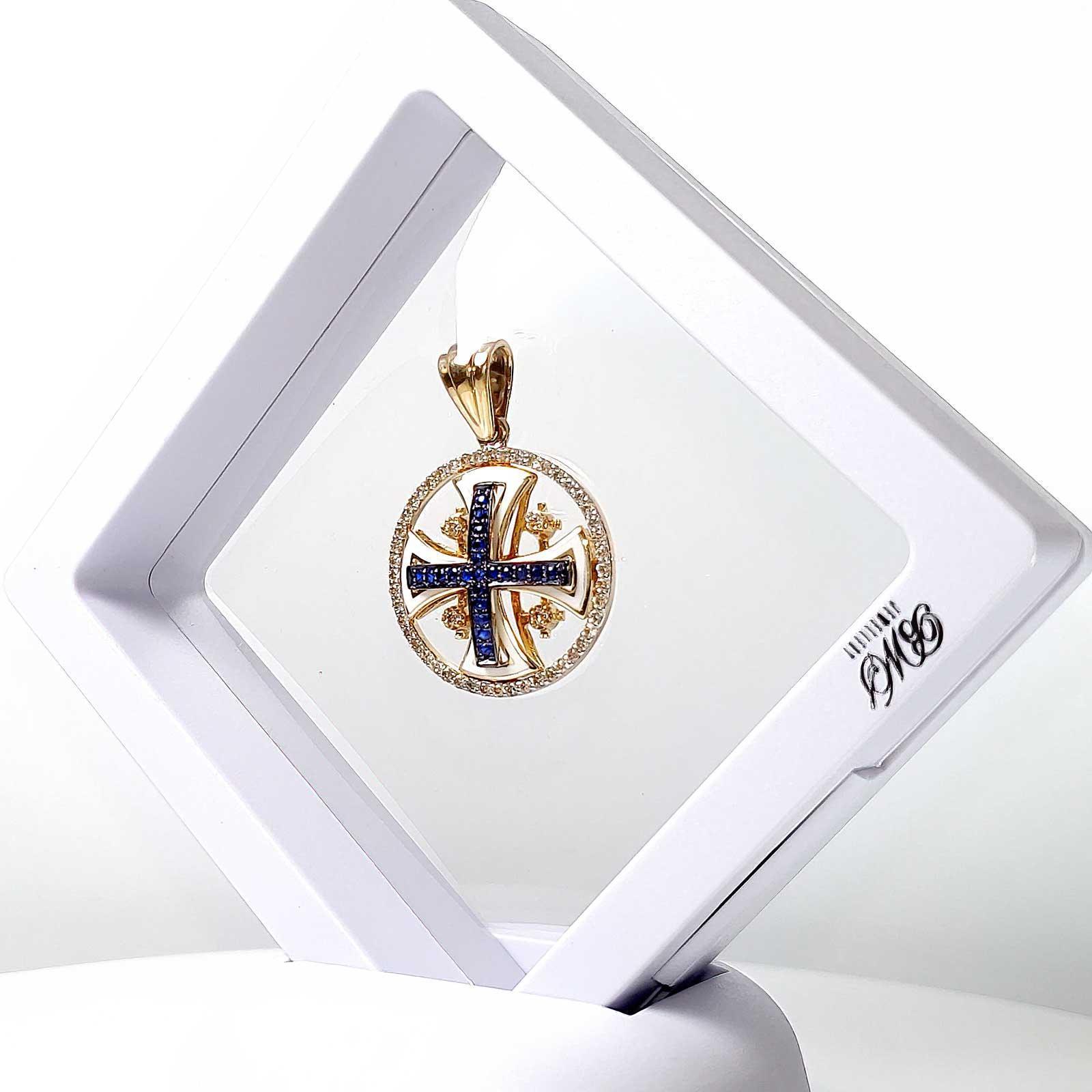 14K Gold Jerusalem Cross Round Pendant with Sapphires and Diamonds ...