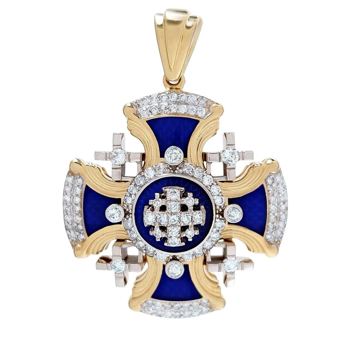 14K Gold Vintage Jerusalem Cross Pendant with blue enamel and diamonds ...