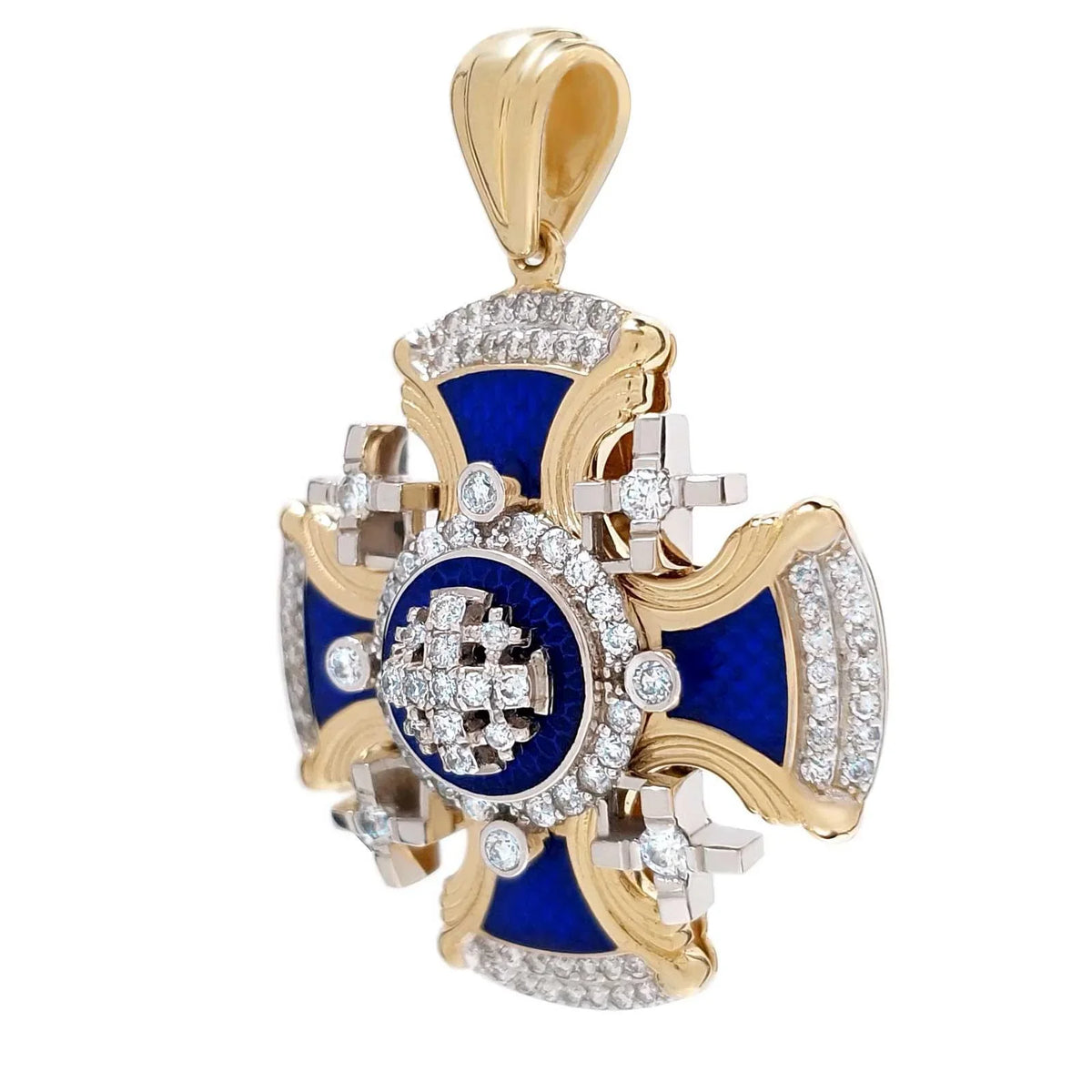 14K Gold Vintage Jerusalem Cross Pendant with blue enamel and diamonds ...