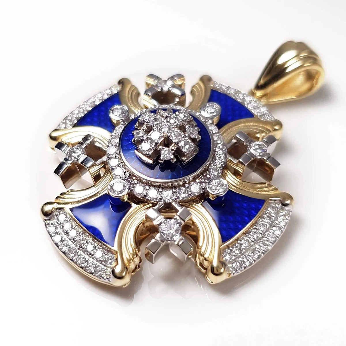 14K Gold Vintage Jerusalem Cross Pendant with blue enamel and diamonds ...