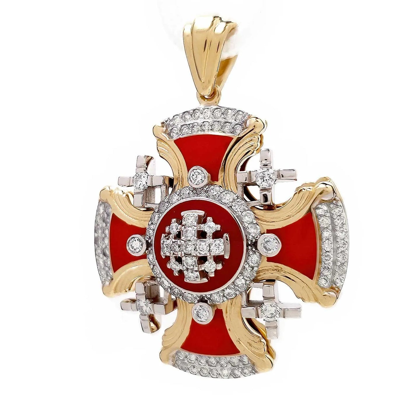 14K Gold Vintage Jerusalem Cross Pendant with Red Enamel and Diamonds ...