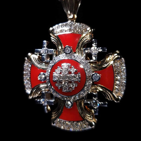 14K Gold Vintage Jerusalem Cross Pendant with Red Enamel and Diamonds ...