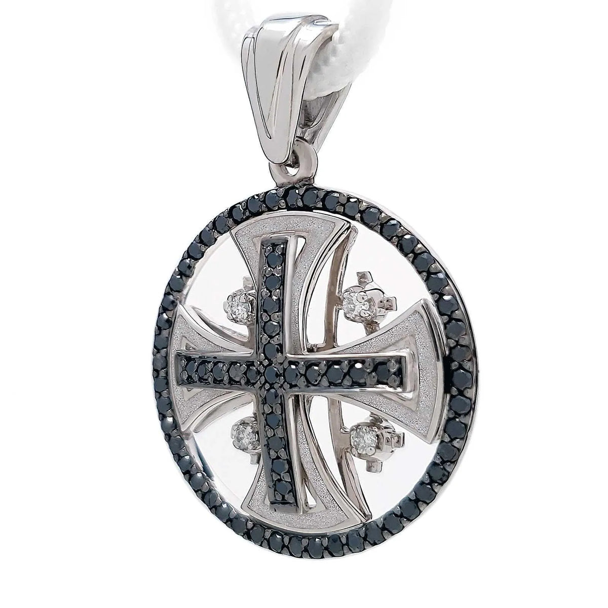 14K White Gold Jerusalem Cross Round Pendant with Diamonds and Enamel ...