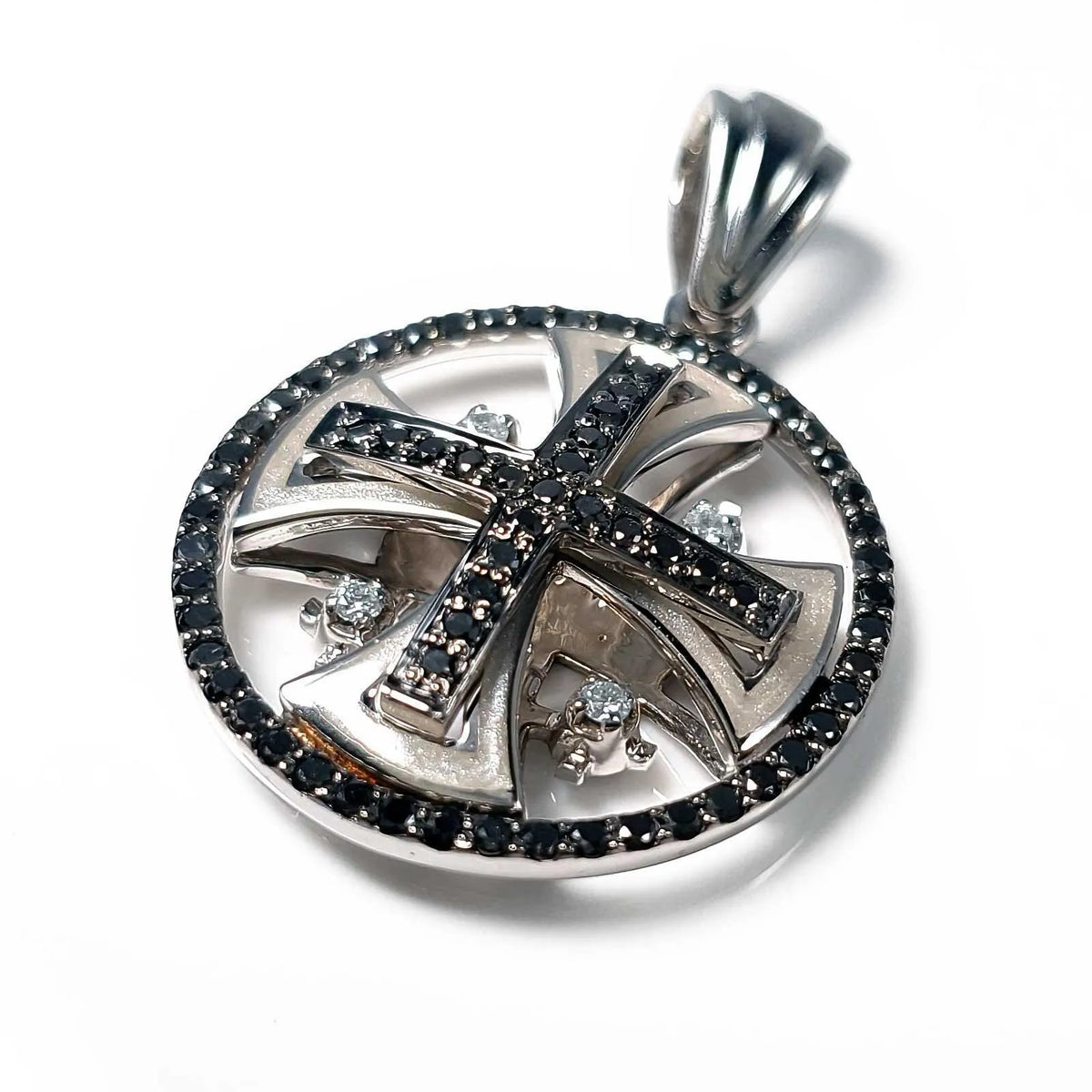 14K White Gold Jerusalem Cross Round Pendant with Diamonds and Enamel ...