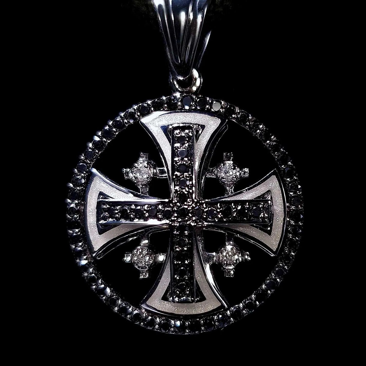 14K White Gold Jerusalem Cross Round Pendant with Diamonds and Enamel ...
