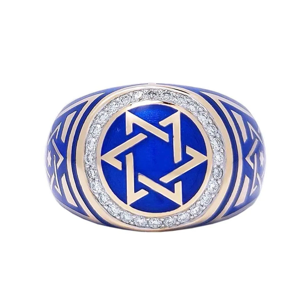 14К yellow gold Star of David Ring with enamel and diamonds – bluewhiteshop