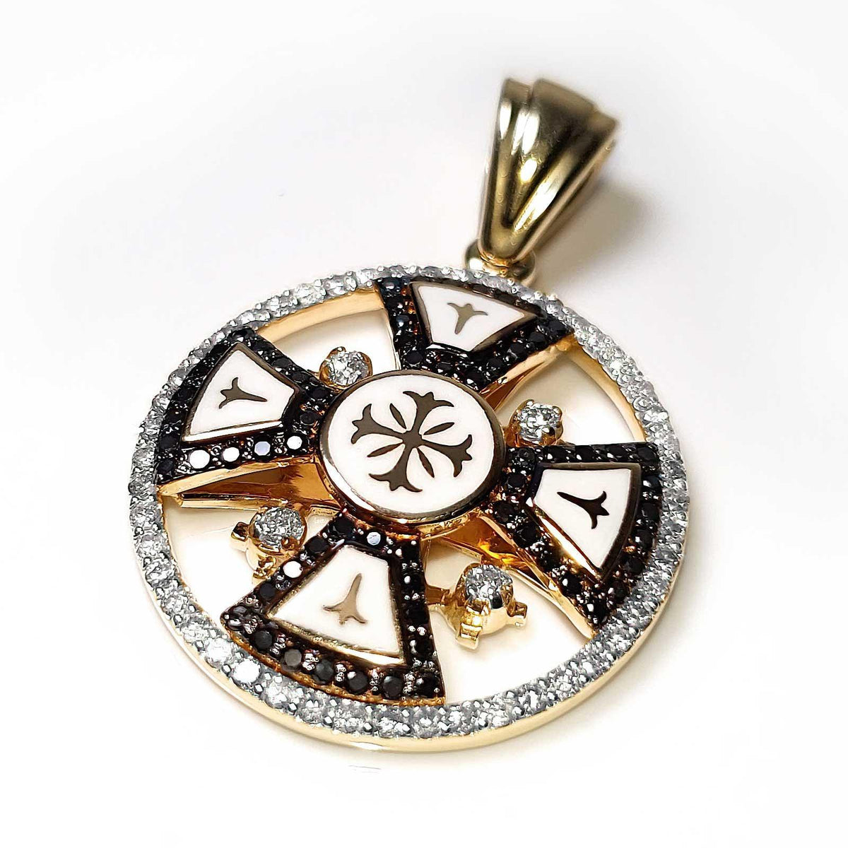 Jerusalem Cross Round Pendant 14K Yellow Gold with Black and White ...