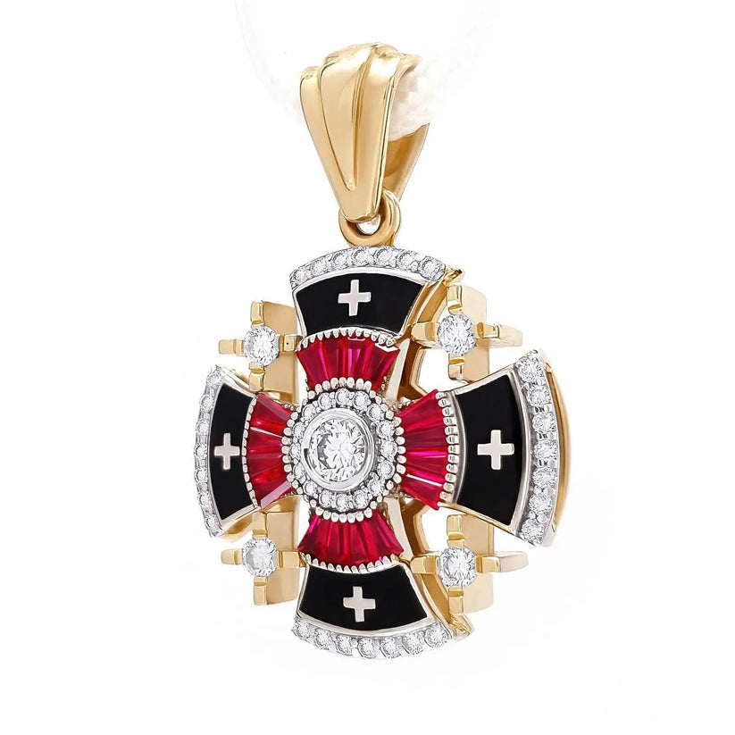 Luxurious 14K Gold Jerusalem Cross Necklace with Ruby Corundum ...