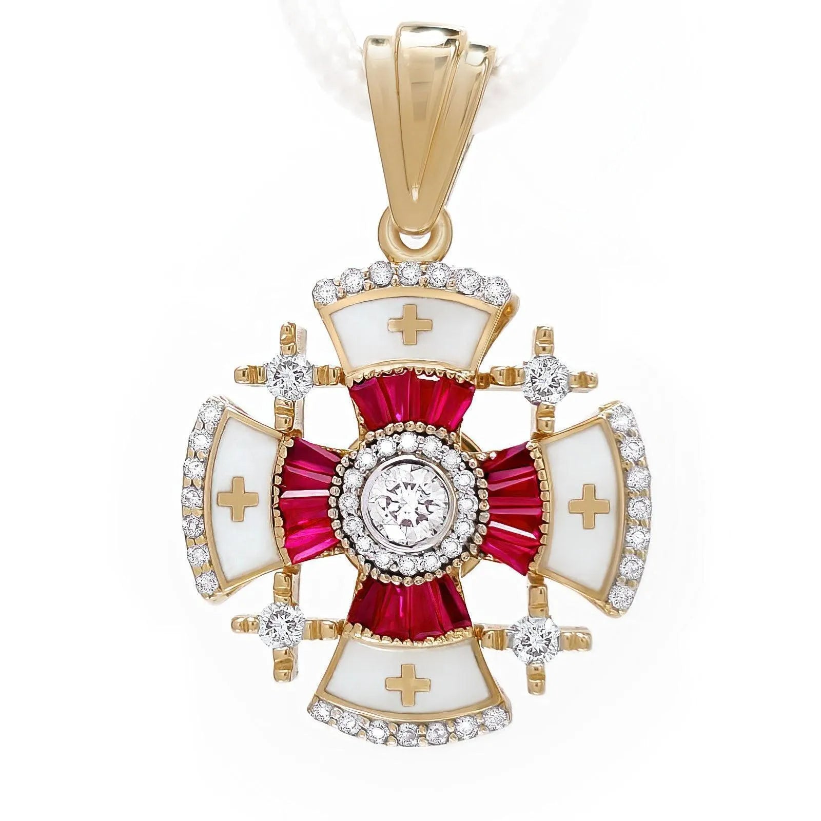 Luxurious 14K Gold Jerusalem Cross Necklace with Ruby Corundum ...