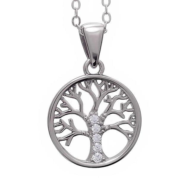 Sterling Silver Tree of Life Pendant Decorated with CZ Simulated Diamo ...