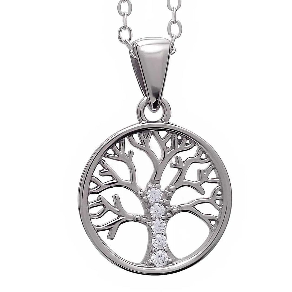 Sterling Silver Tree of Life Pendant Decorated with CZ Simulated Diamo ...